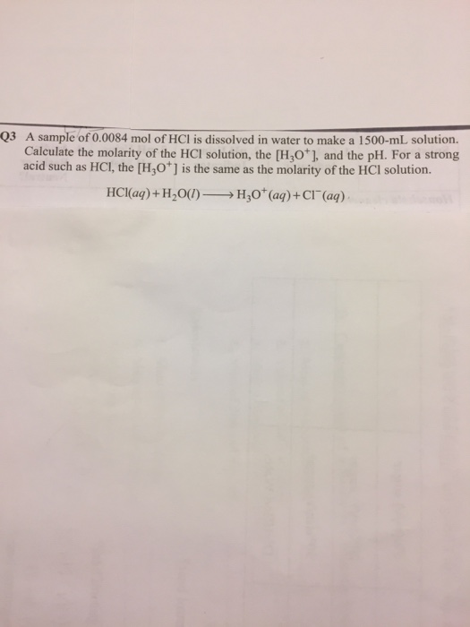 Solved A sample of 0.0084 mol of HCl is dissolved in water | Chegg.com