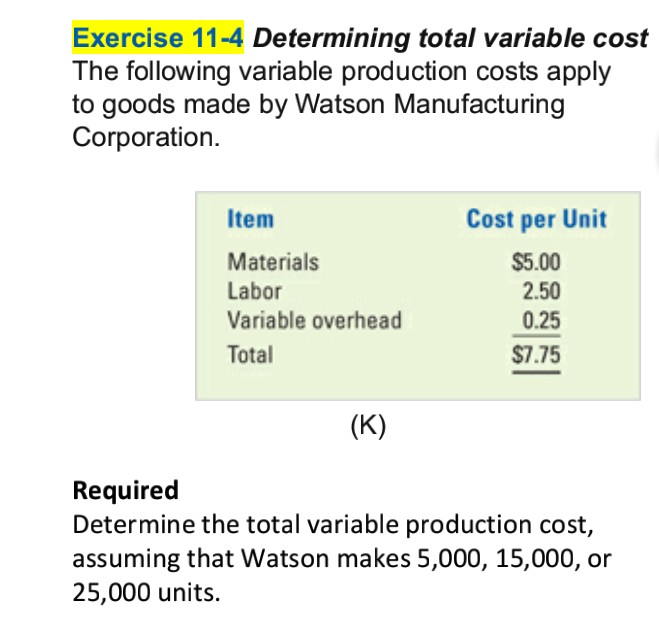 Solved Exercise 11-4 Determining total variable cosit The | Chegg.com