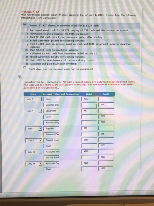 Solved Problem 4-8A Mike Greenberg opened Clean Window | Chegg.com