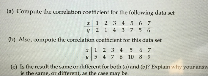 Solved Compute the correlation coefficient for the following | Chegg.com