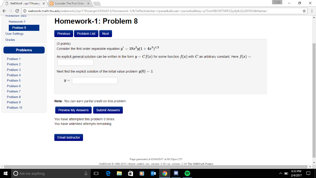 Solved D WeBWorK spr 17lhoang x C consider The First order x | Chegg.com