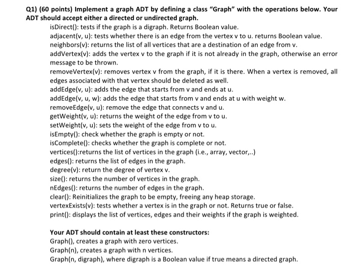 Implement a graph ADT by defining a class "Graph" | Chegg.com