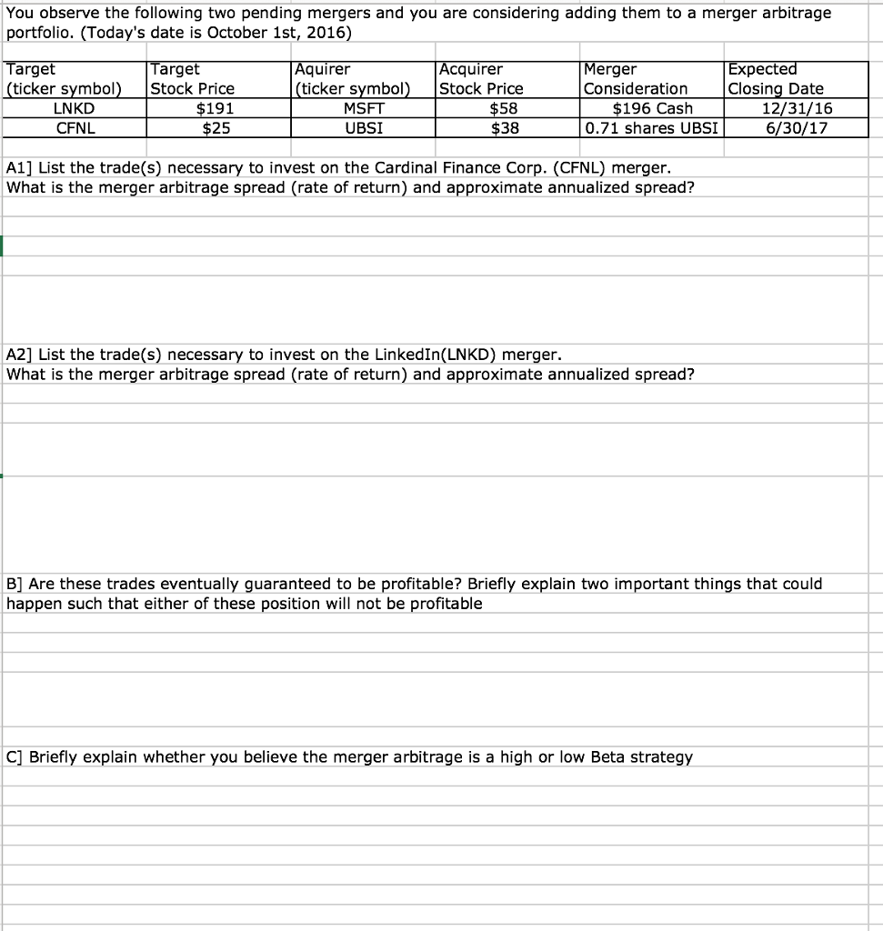 Solved You observe the following two pending mergers and you | Chegg.com