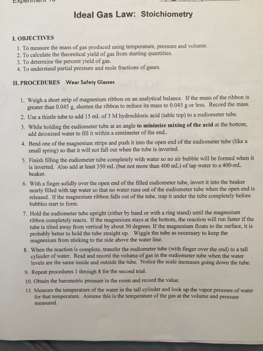 Solved deal Gas Law: Stoichiometry I. OBJECTIVES 1. To | Chegg.com