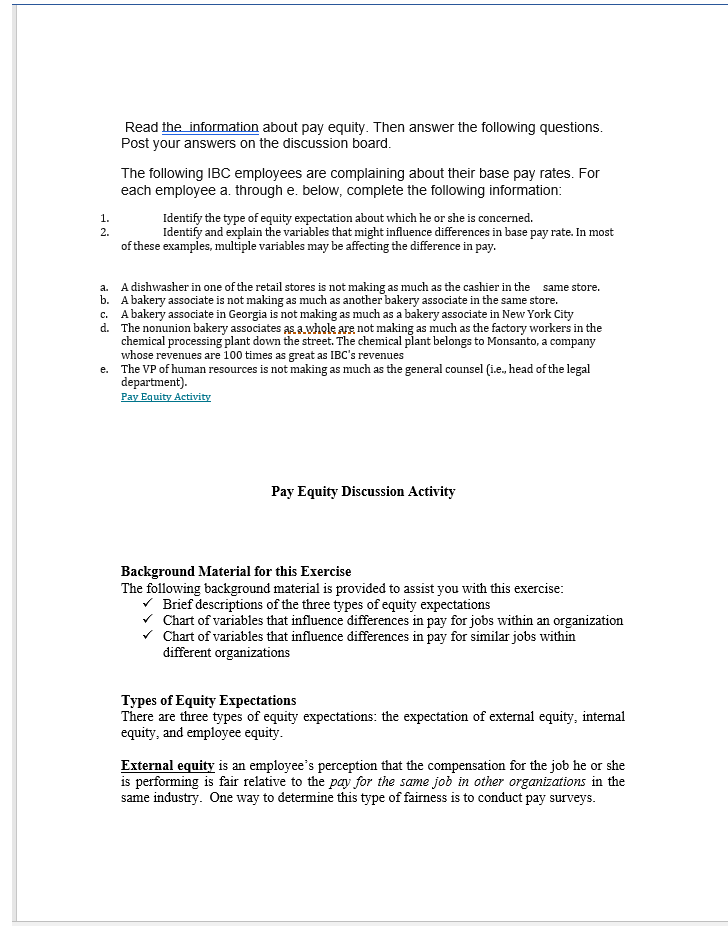 Solved Read the information about pay equity. Then answer | Chegg.com