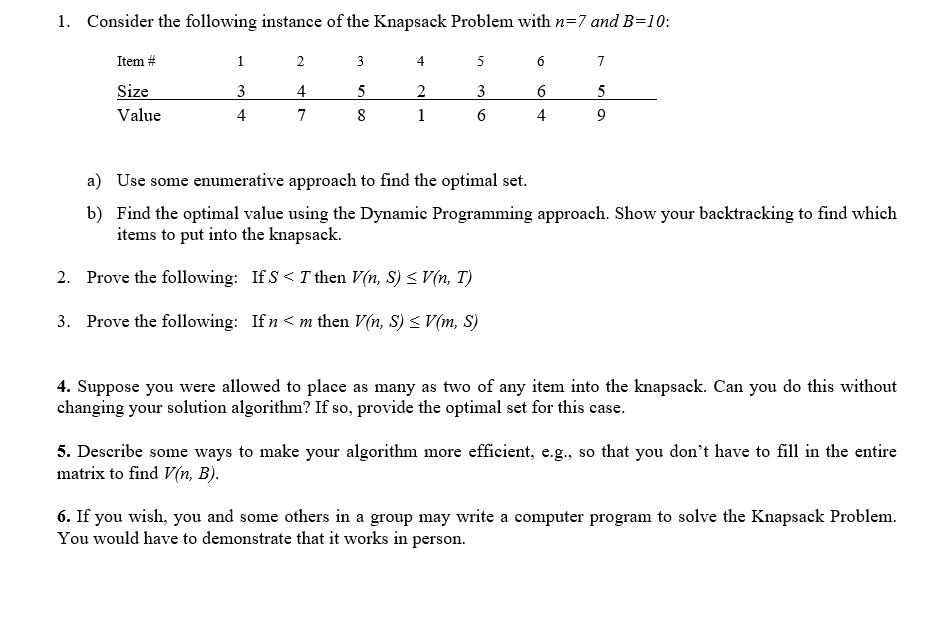 Consider the following instance of the Knapsack | Chegg.com