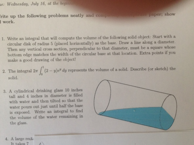 Solved Write an integral that will compute the volume of the | Chegg.com