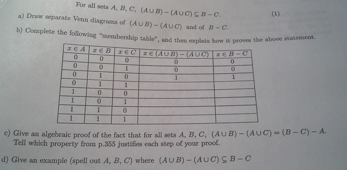 Solved For all sets A, B, C, (A B) - (A C) B - C. Draw | Chegg.com