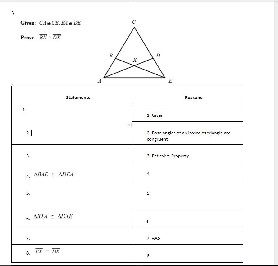 Solved Given: CA CE, BAE DE Prove: BX DX Statements Reasons | Chegg.com