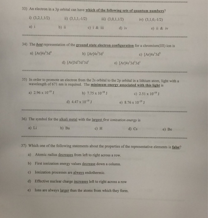 Solved An electron in a 3p orbital can have which of the | Chegg.com