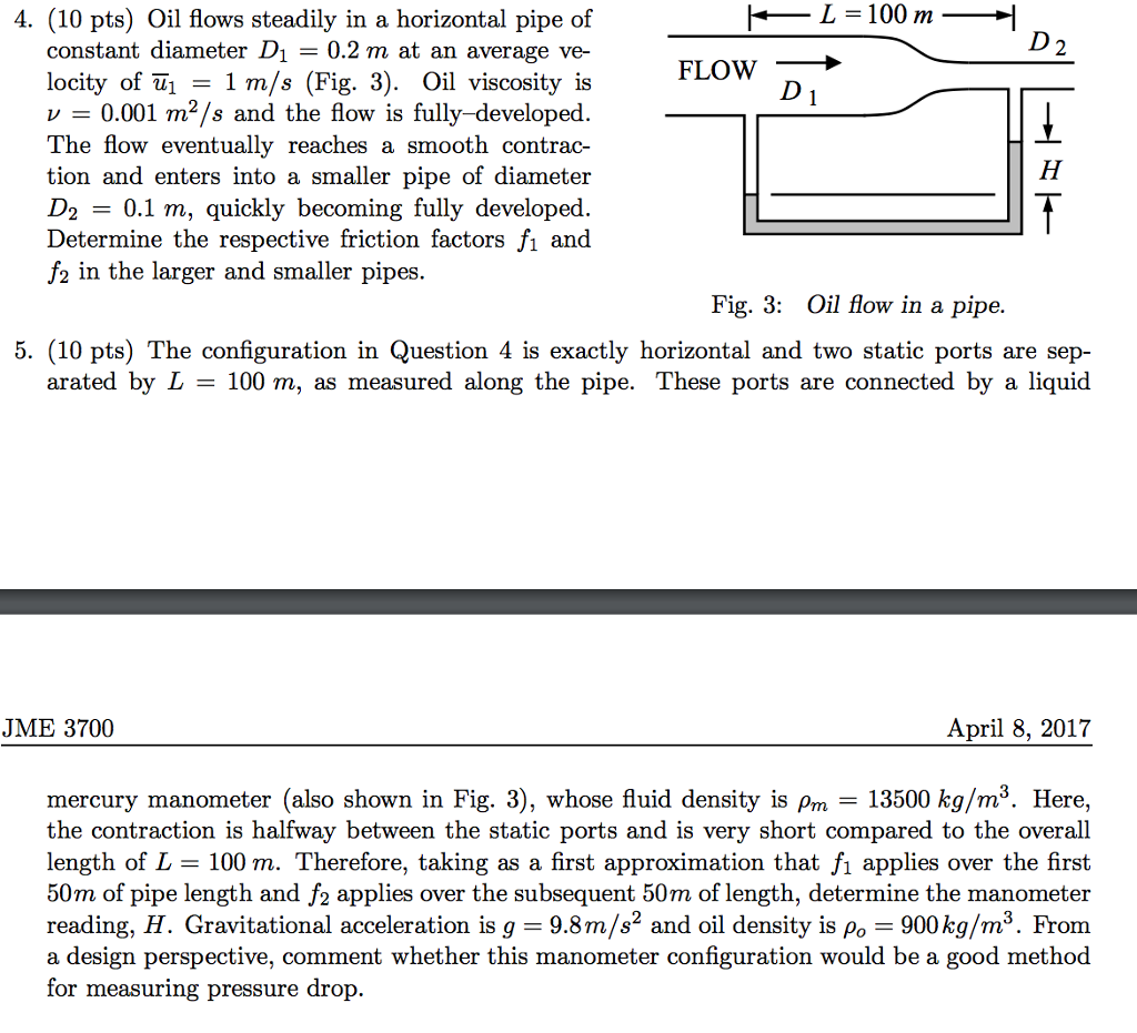 Solved Oil flows steadily in a horizontal pipe of D 2 | Chegg.com