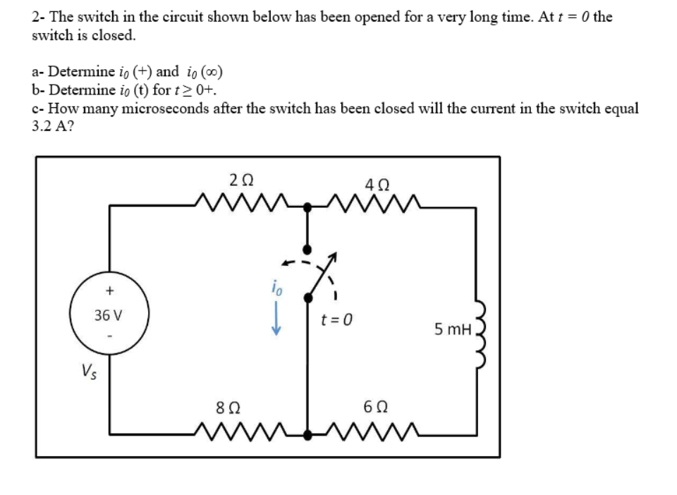 Solved 2- The switch in the circuit shown below has been | Chegg.com