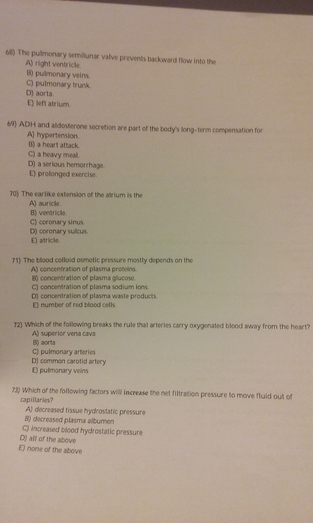 Solved 68) The pulmonary semilunar valve prevents backward | Chegg.com