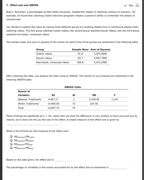 Solved 7. Effect size and ANOVA Brad J. Bushman, a | Chegg.com