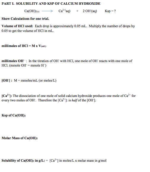 PART I. SOLUBILITY AND KSP OF CALCIUM HYDROXIDE | Chegg.com