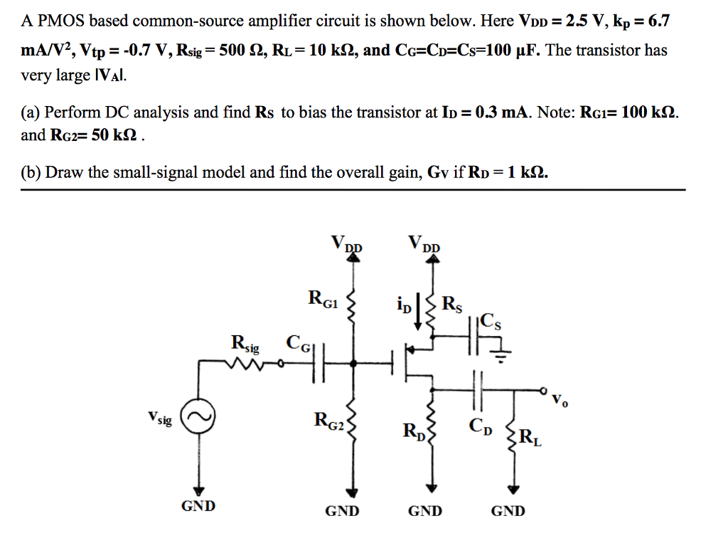 Solved A PMOS based common-source amplifier circuit is shown | Chegg.com