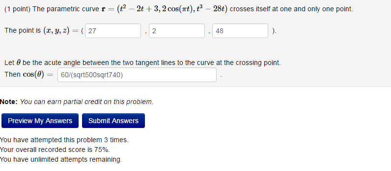 Solved The parametric curve r = (t^2 - 2t + 3, 2Cos(pi t), | Chegg.com