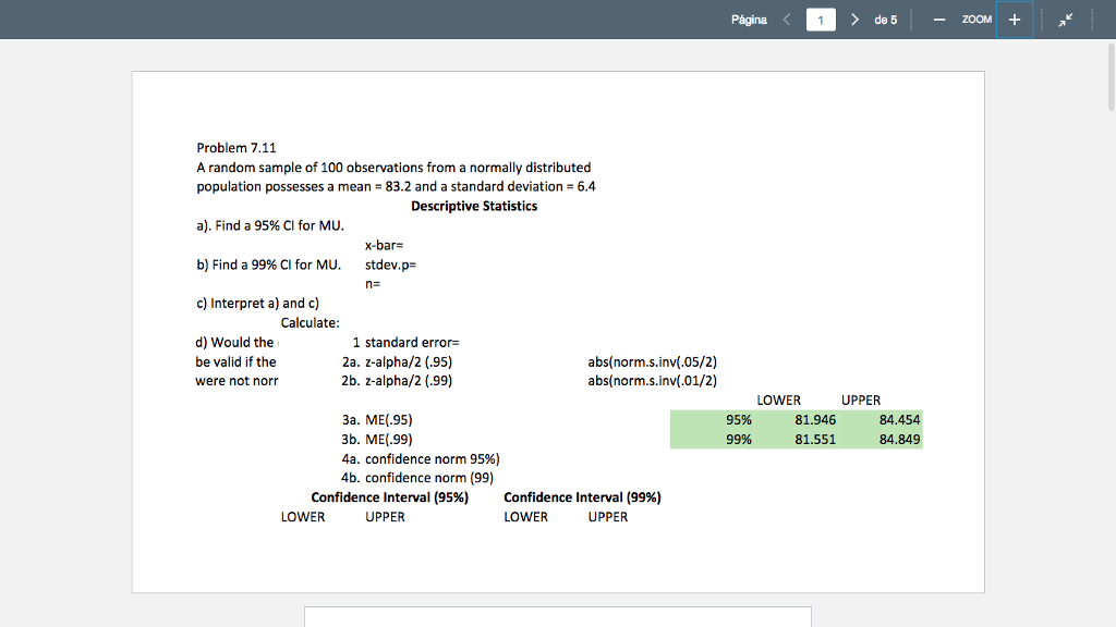 Solved Página de 5 ZOOM Problem 7.11 A random sample of 100 | Chegg.com