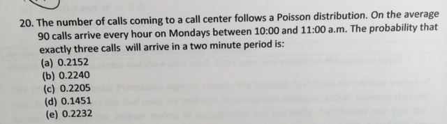 Solved 20. The number of calls coming to a call center | Chegg.com