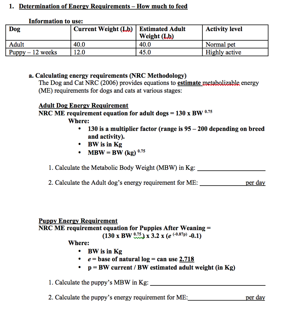 Solved 1 Determination Of Energy Requirements How Much To Chegg