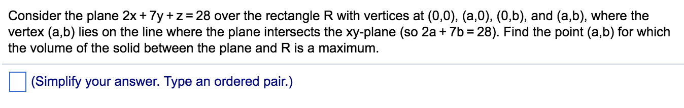 Solved Consider the plane 2x + 7y + z = 28 over the | Chegg.com
