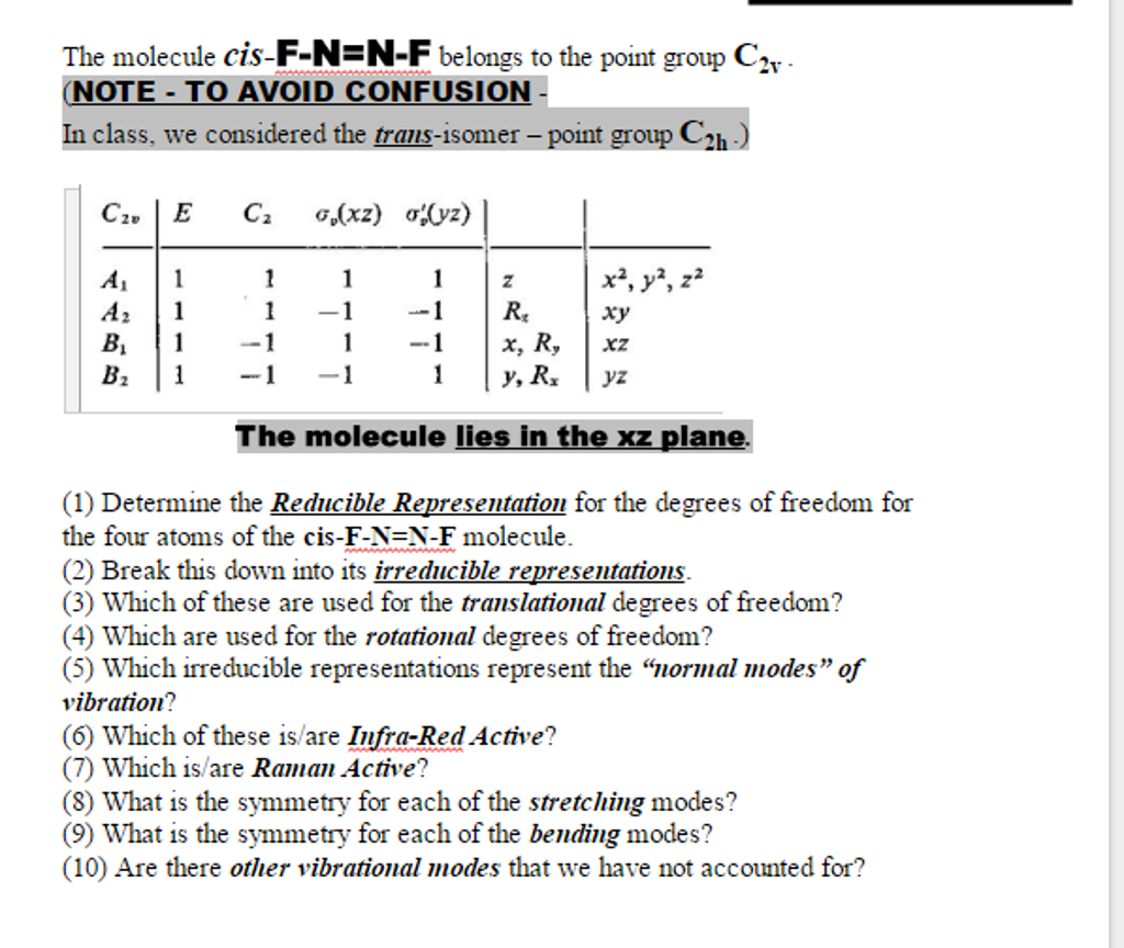 Solved The molecule cis-F-N=N-F belongs to the point group | Chegg.com