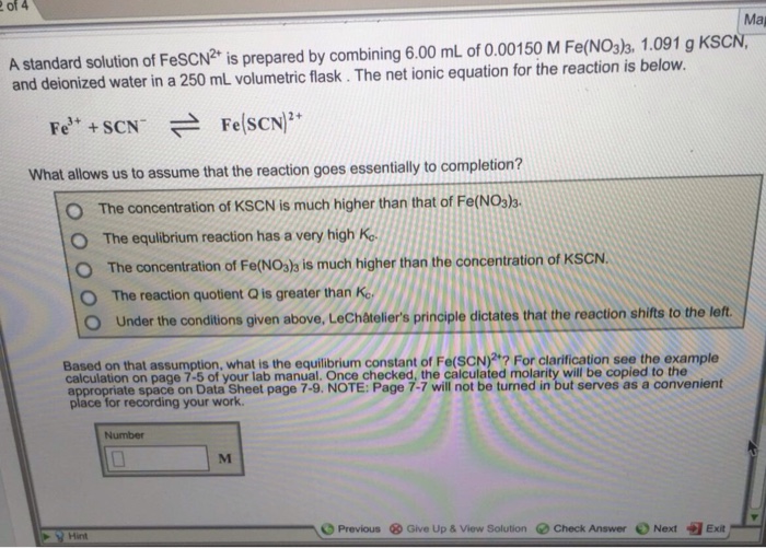 Solved A standard solution of FeSCN^2+ is prepared by | Chegg.com