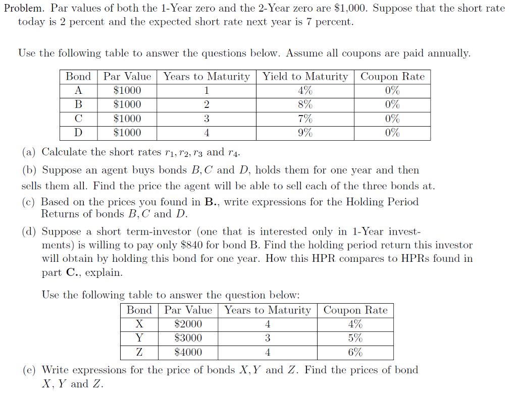 Solved Problem. Par values of both the 1-Year zero and the | Chegg.com
