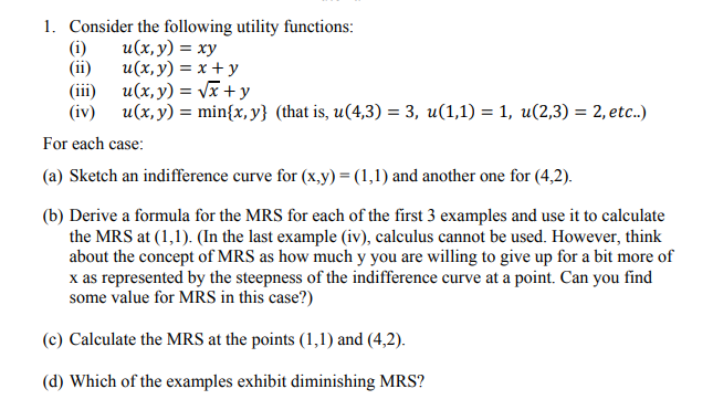 Solved 1 Consider The Following Utility Functions I Ii