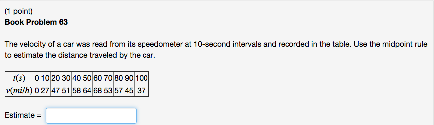 Solved I (1 point) Book Problem 63 The velocity of a car was | Chegg.com