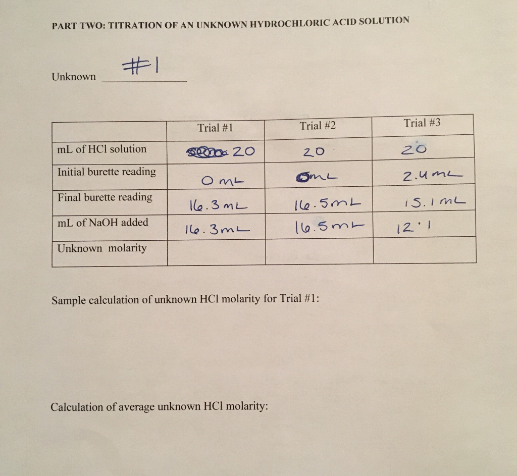 PART TWO: TITRATION OF AN UNKNOWN HYDROCHLORIC ACID | Chegg.com