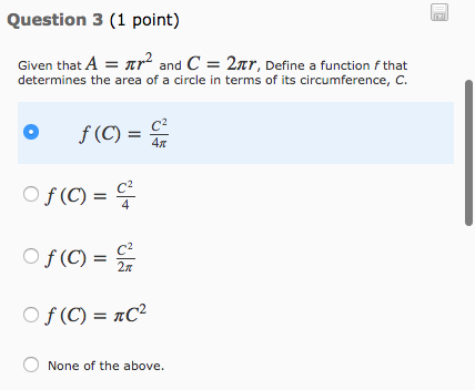 Solved Given that A = pir^2 and C = 2pir, Define a function | Chegg.com