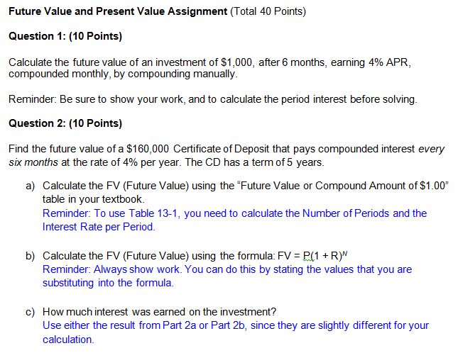 Solved Future value and Present Value Assignment (Total 40 | Chegg.com