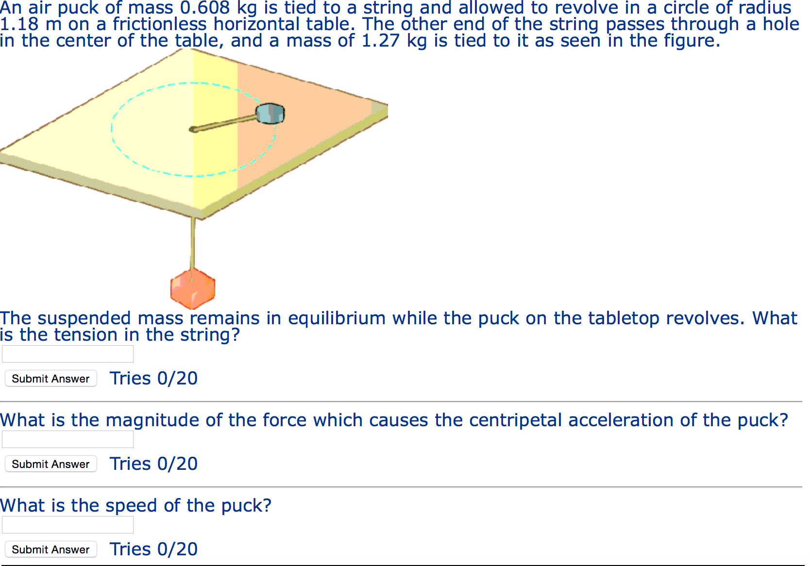 Solved An air puck of mass 0.608 kg is tied to a string and | Chegg.com