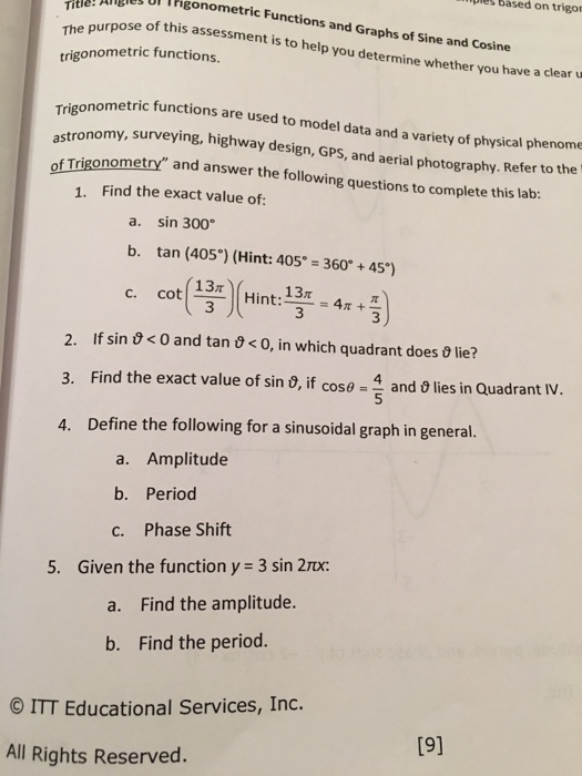 Solved Title: Angles of Trigonometric Functions and Graph of | Chegg.com