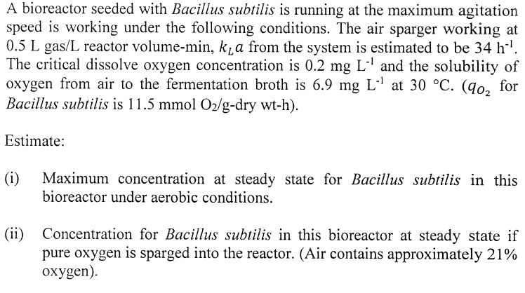 Solved A bioreactor seeded with Bacillus subtilis is running | Chegg.com