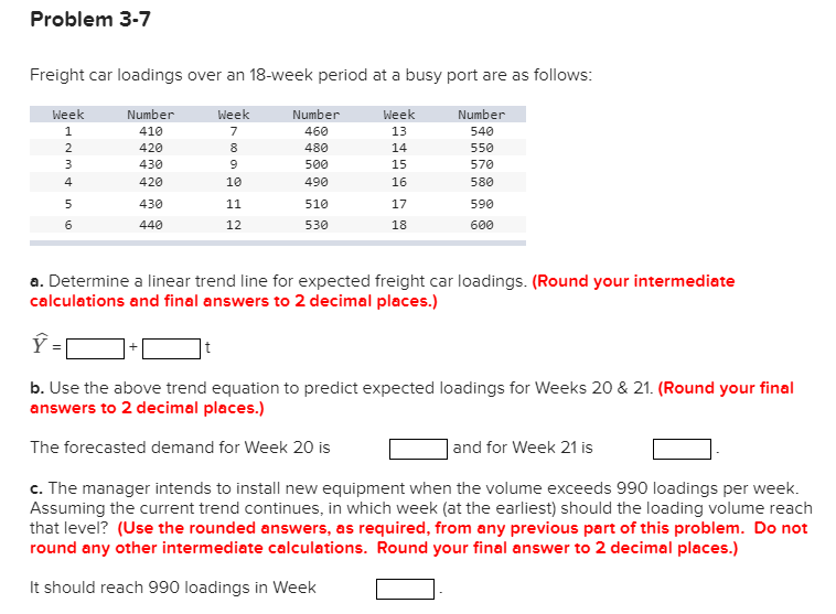 Solved Problem 3-7 Freight car loadings over an 18-week | Chegg.com