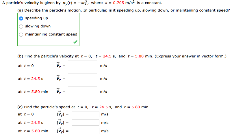 Solved A particle's velocity is given by Vy(t) =-at. where a | Chegg.com