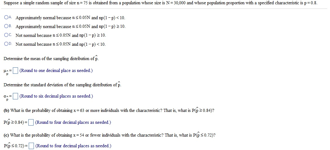 Solved Suppose a simple random sample of size n = 75 is | Chegg.com