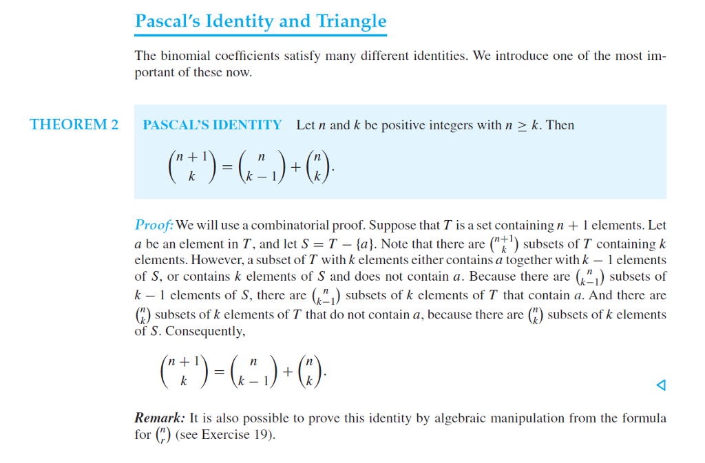 Pascal s Identity And Triangle The Binomial Chegg