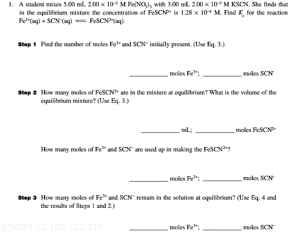 Solved A student mixes 5.00 mL 2.00 times 10-3 M Fe(NO3)3 | Chegg.com