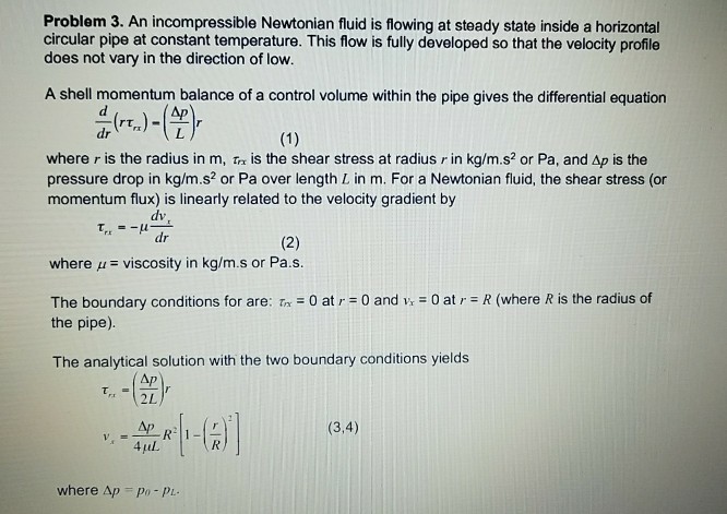 Solved Problem 3. An incompressible Newtonian fluid is | Chegg.com