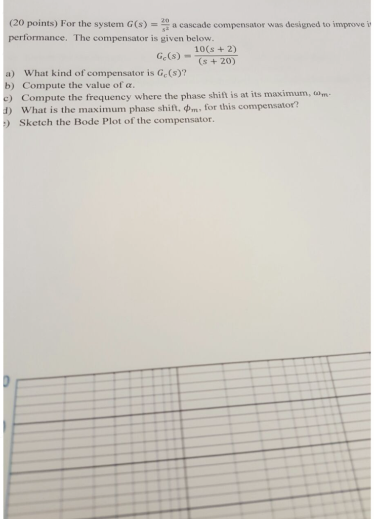 Solved For the system G(s) = 20/s^2 a cascade compensator | Chegg.com