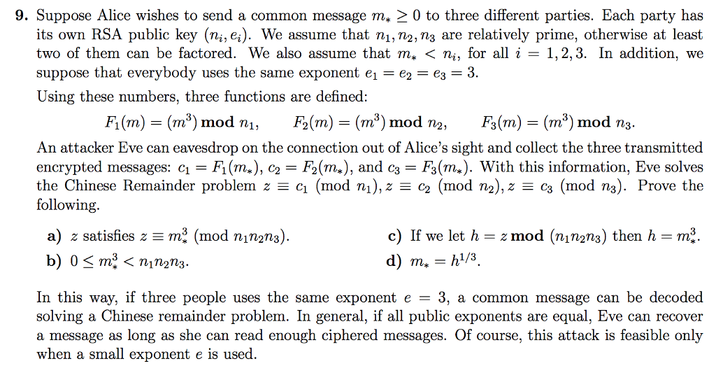 9. Suppose Alice wishes to send a common message m* 2 | Chegg.com