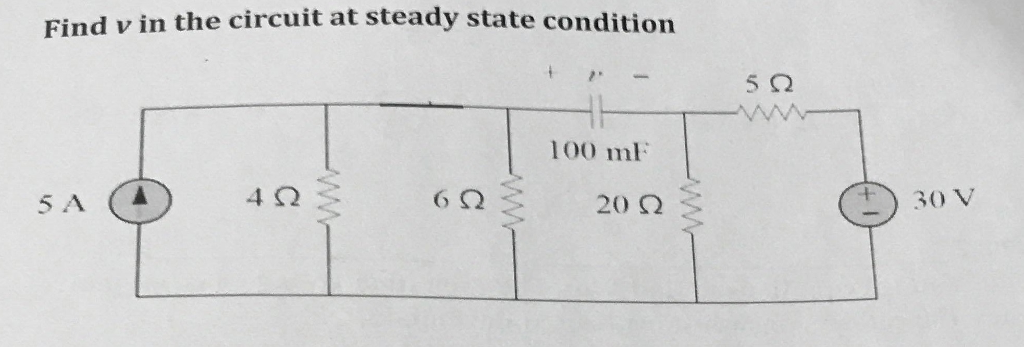 Solved Find v in the circuit at steady state condition 5Ω | Chegg.com