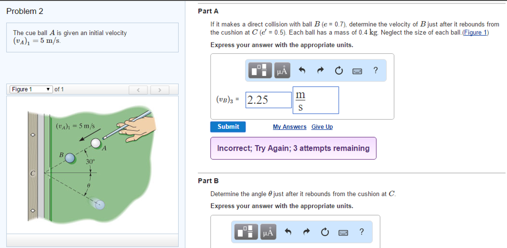 Solved The cue ball A is given an initial velocity (v_A)_1 = | Chegg.com