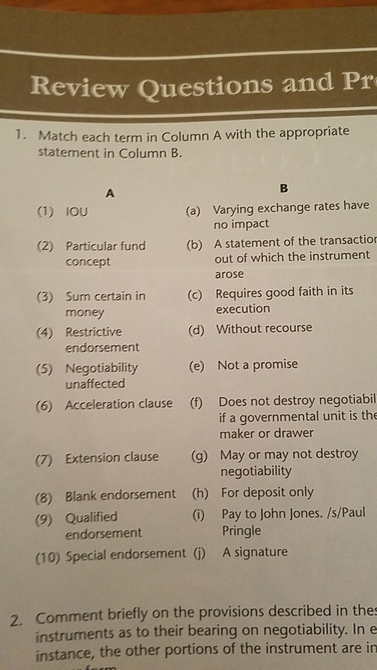 Solved Review Questions and Pr 1. Match each term in Column | Chegg.com
