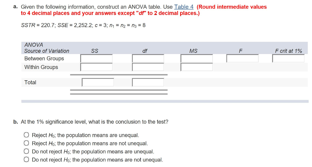 Solved a. Given the following information, construct an | Chegg.com