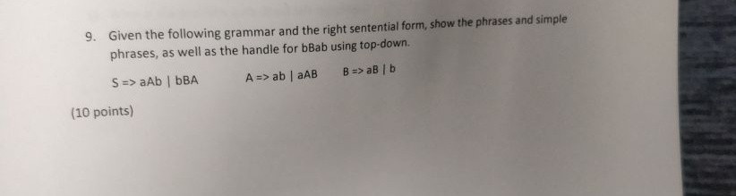Solved 9. Given the following grammar and the right | Chegg.com