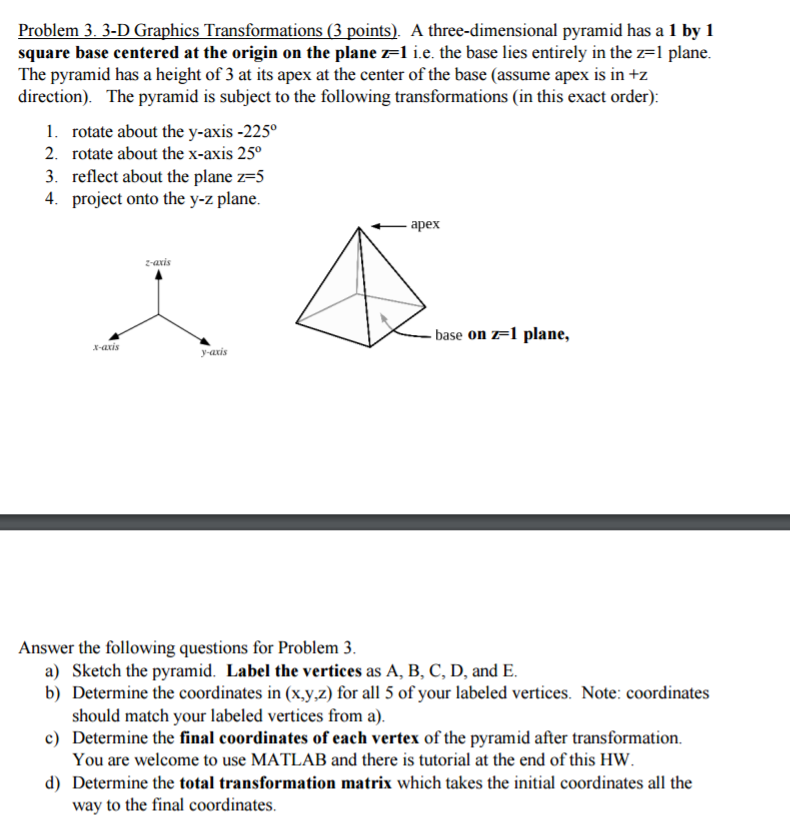 Solved A three-dimensional pyramid has a 1 by 1 square base | Chegg.com